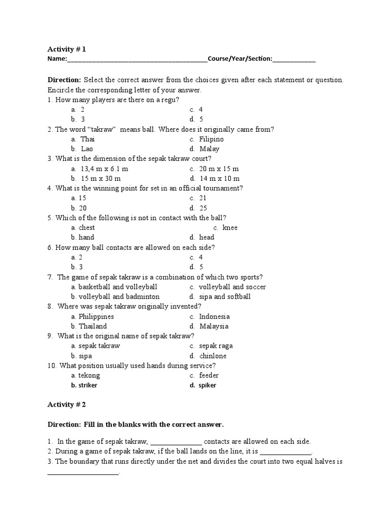 Eya Concepcion - Quiz PE2 Final | PDF | Hobbies | Ball Games