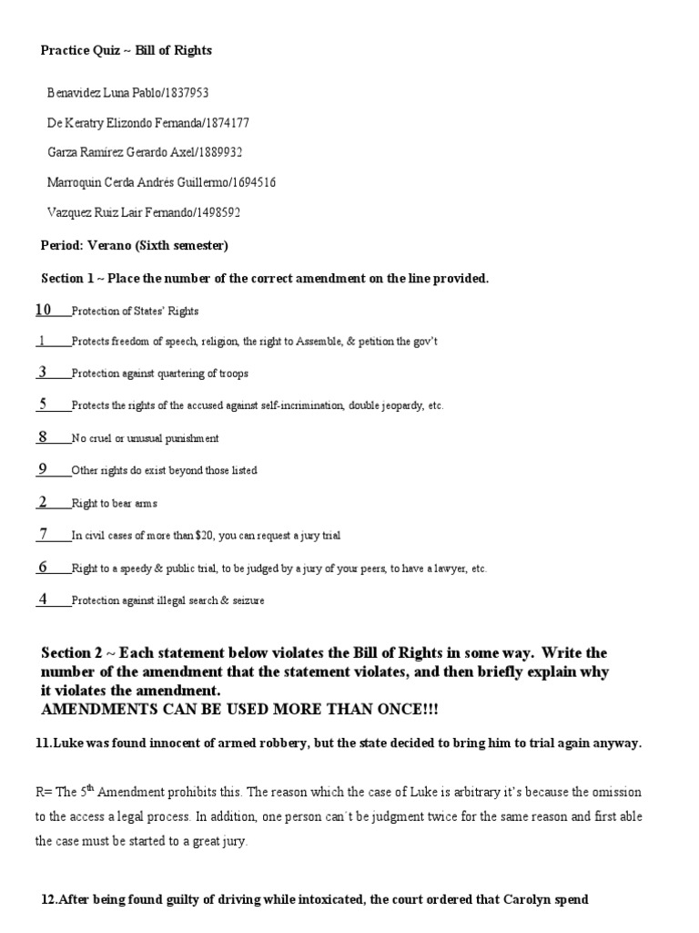 Bill of Rights Test Activity | PDF | United States Bill Of Rights ...