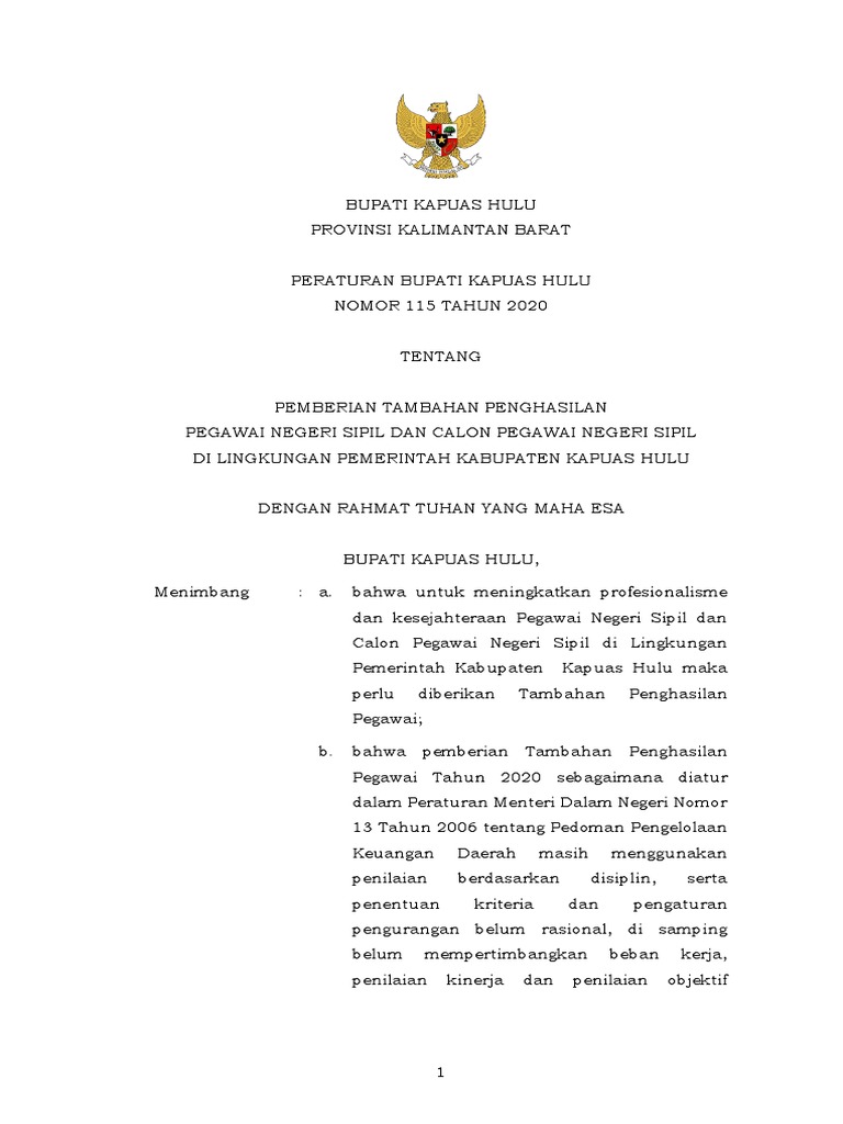 Perbup Nomor 115 Tahun 2020 TTG TPP PNS TAHUN 2021 | PDF