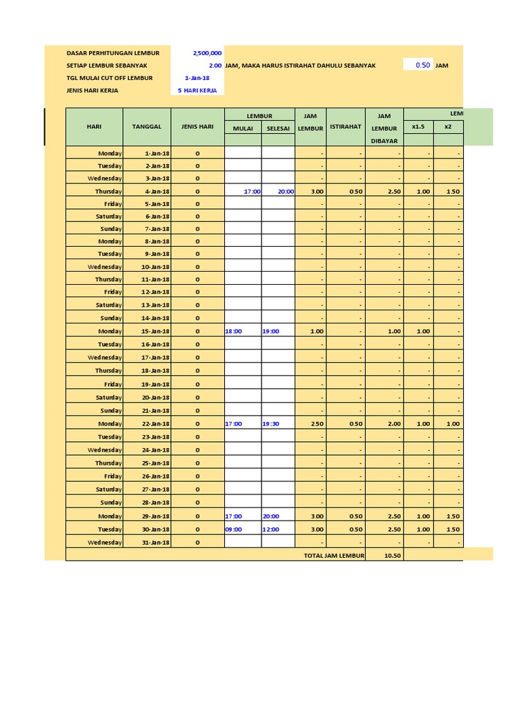 Contoh Template Perhitungan Lembur | PDF | Holidays | Public Holiday