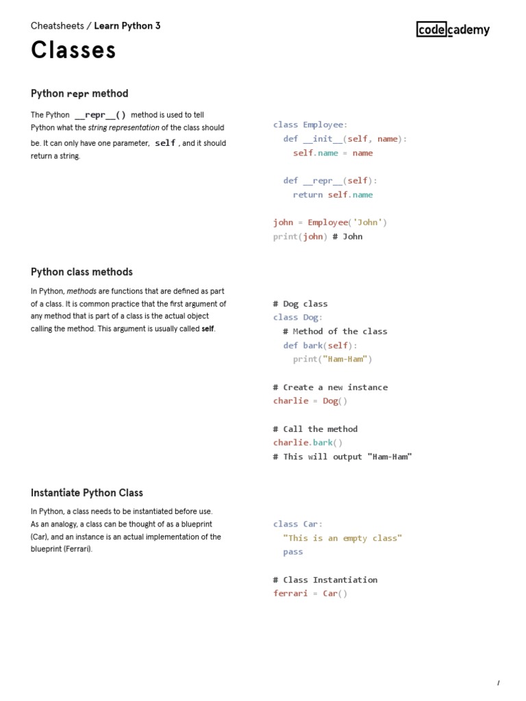 Learn Python 3 - Classes Cheatsheet - Codecademy | PDF | Inheritance (Object Oriented ...