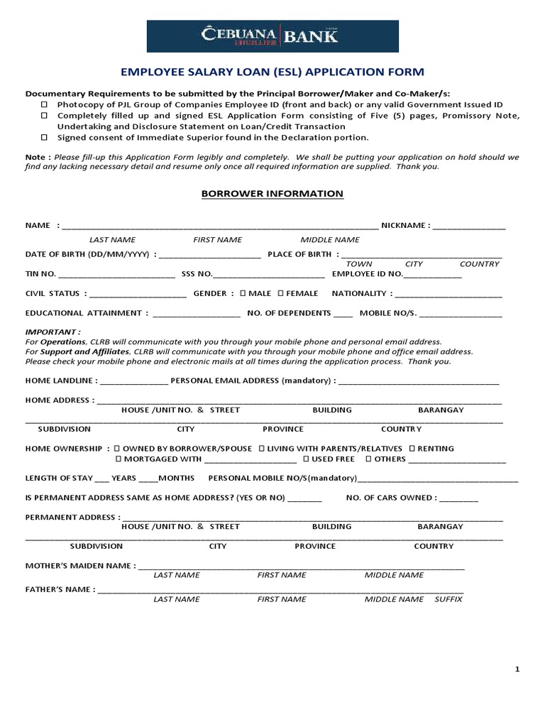 Employee Salary Loan (Esl) Application Form: Borrower Information | PDF ...
