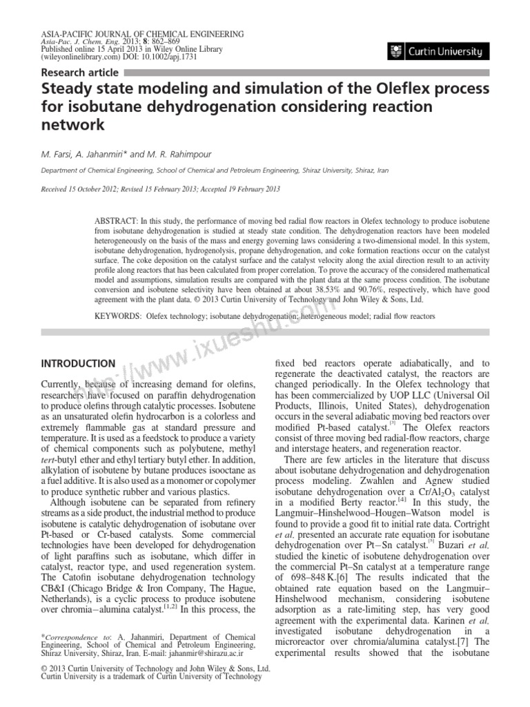 Steady State Modeling and Simulation of The Oleflex Process For Isobutane Dehydrogenation ...