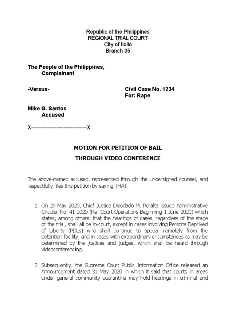 Motion for Bail via Video Conference | PDF | Bail | Prosecutor