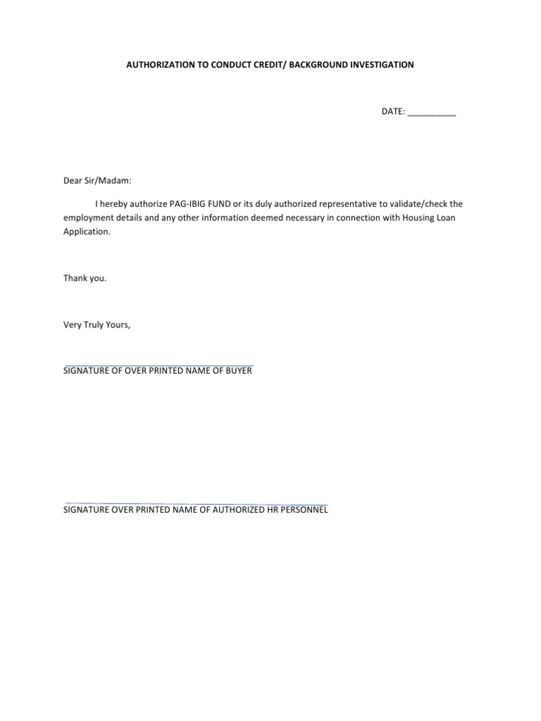 PAG-IBIG Credit Investigation Authorization | PDF