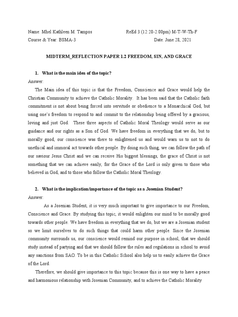 MIDTERM - REFLECTION PAPER 1.2 FREEDOM, SIN, AND GRACE - Tampos, Mhel Kathleen | PDF