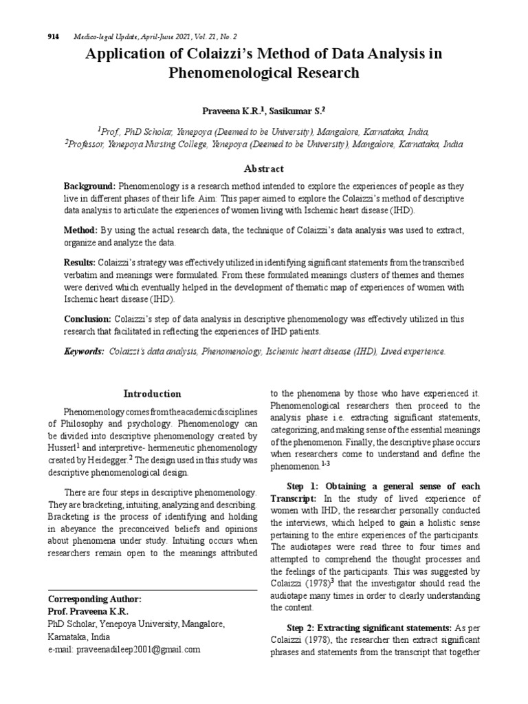 Application of Colaizzi's Method of Data Analysis in Phenomenological ...