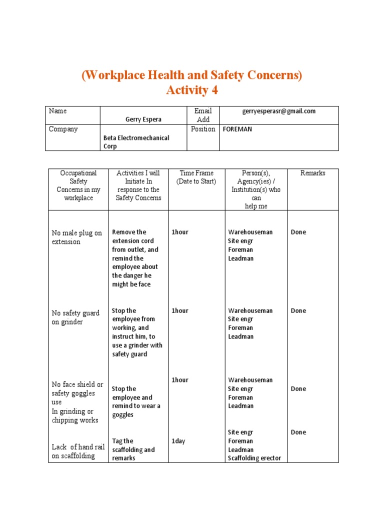 Activity 2 Workplace Health Safety Concern | PDF | Safety | Nature