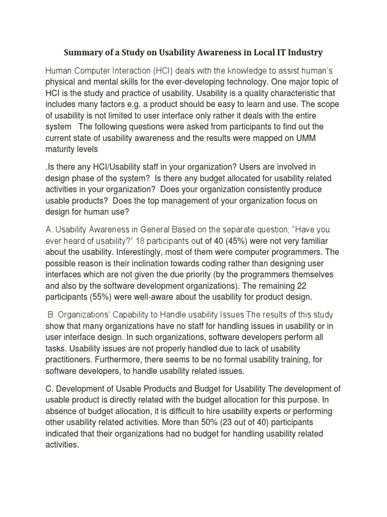 Summary of A Study On Usability Awareness in Local IT Industry | PDF | Usability | Human ...
