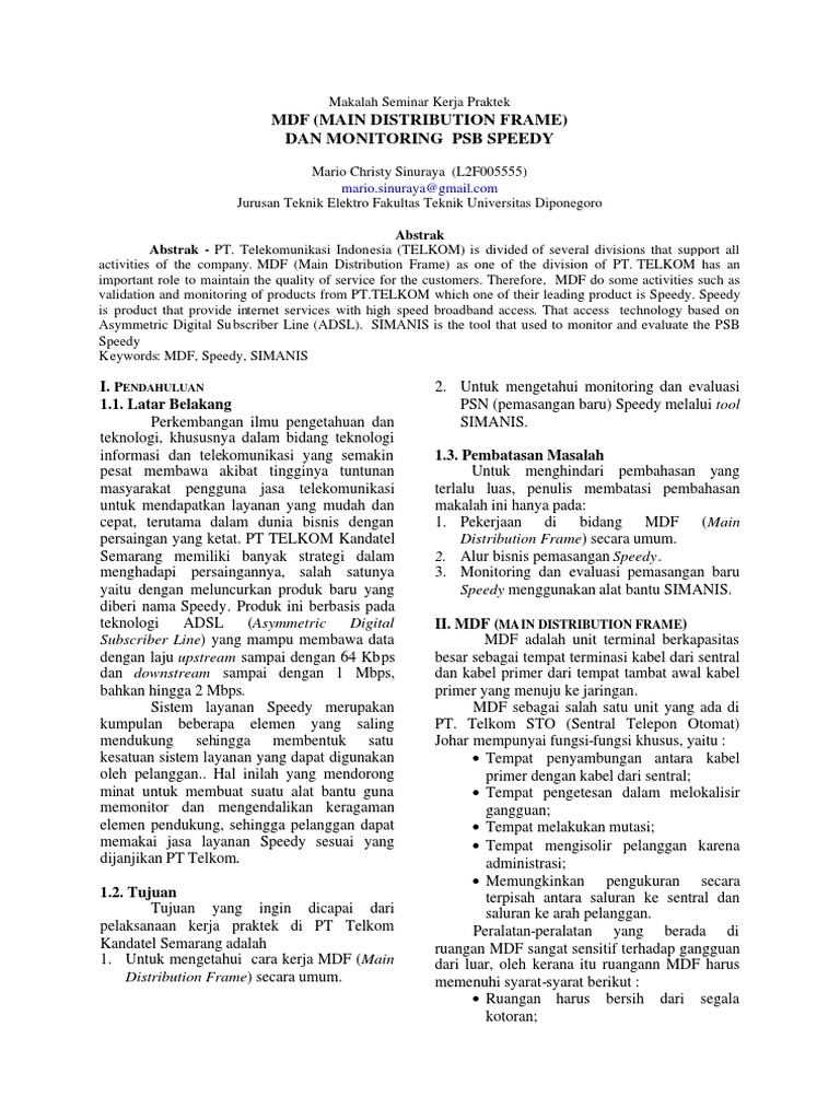 MDF (Main Distribution Frame) Dan Monitoring PSB Speedy: I. 1.1. Latar Belakang | PDF