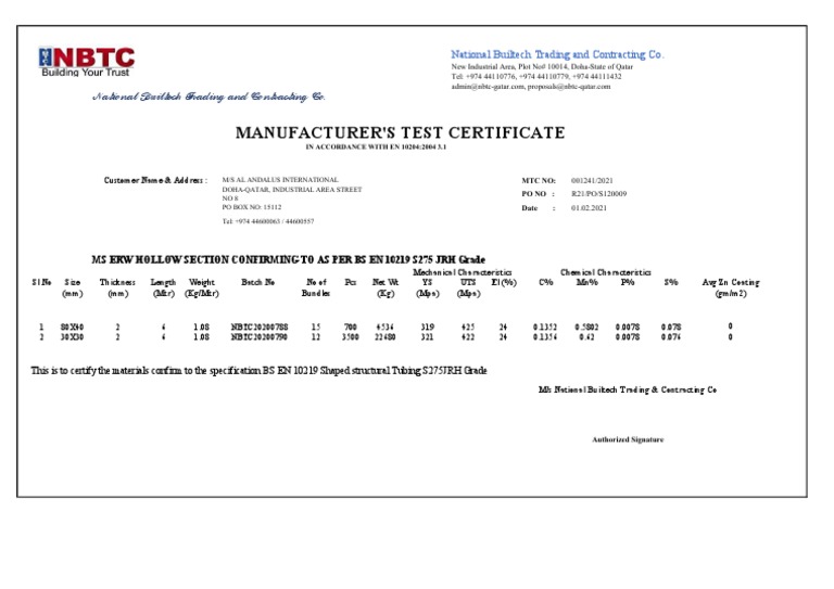 Manufacturer'S Test Certificate: National Builtech Trading and ...