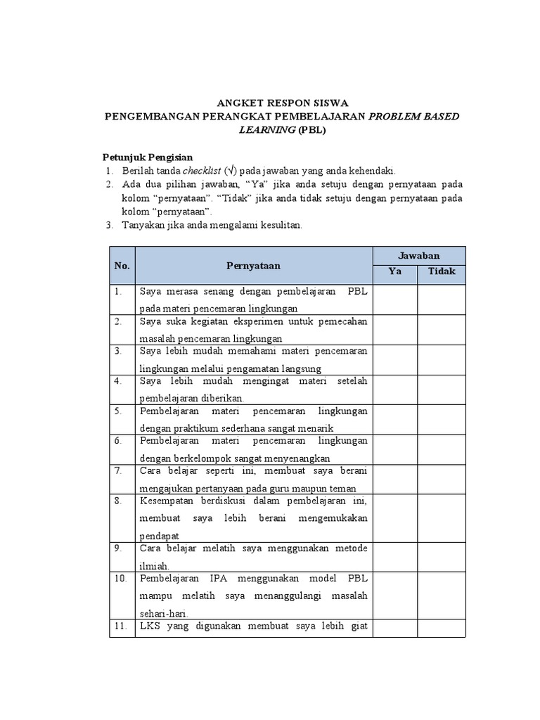 Lembar Angket Respon Siswa | PDF
