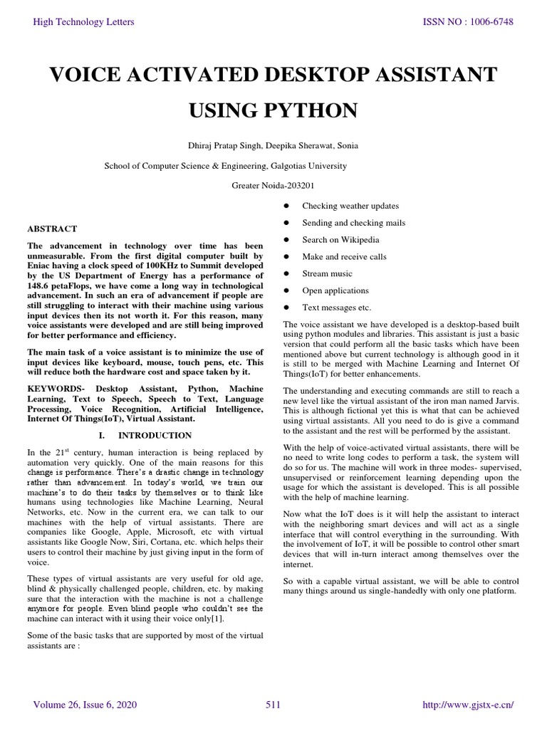 Assistant Using Python | PDF | Speech Recognition | Internet Of Things Assistant Using Python | PDF | Speech Recognition | Internet Of Things