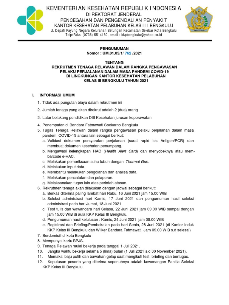 Rekrutmen Relawan Kesehatan Bengkulu 2021 | PDF
