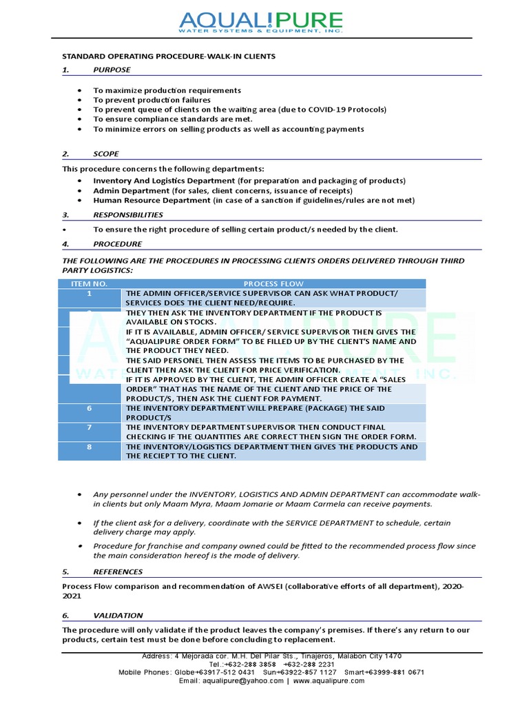S.O.P. - Walk-In Clients | PDF | Inventory | Logistics
