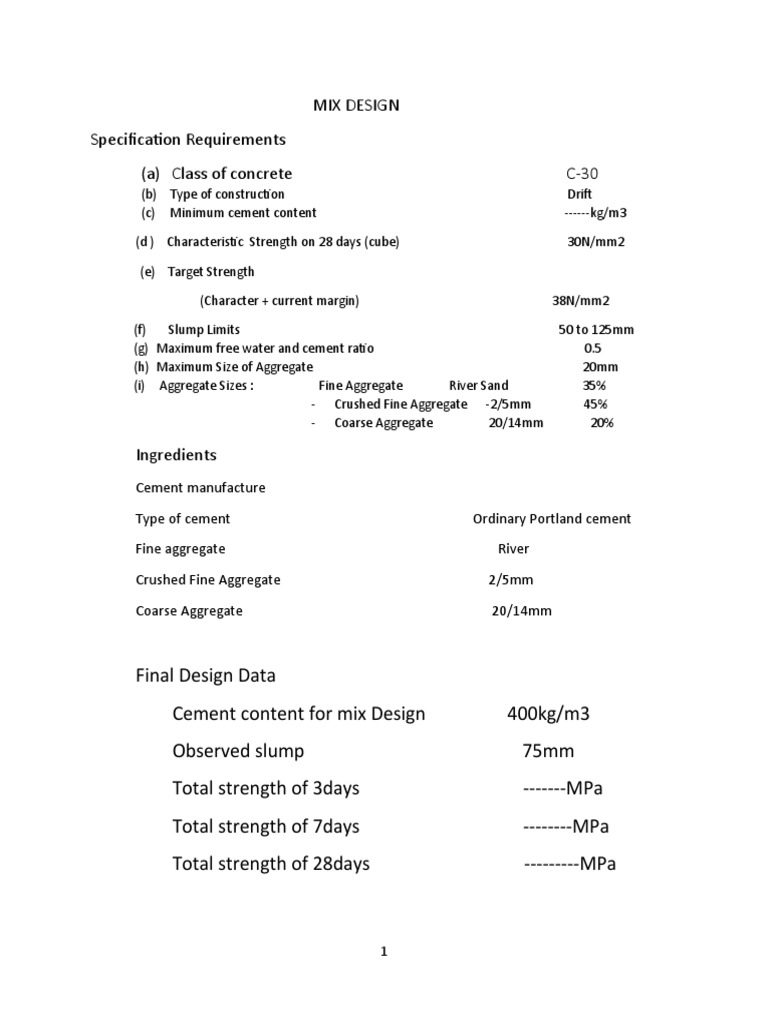 Mix Design Specification Requirements (A) Class of Concrete C-30 | PDF ...