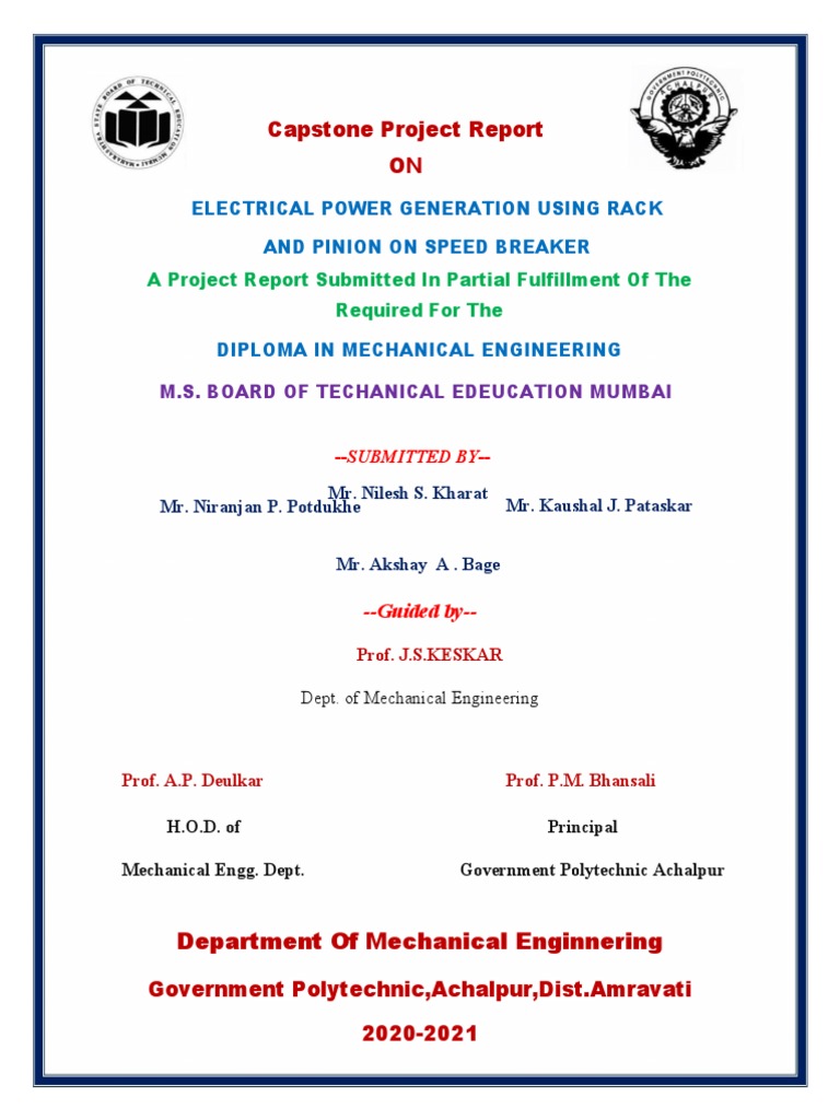 Capstone Project Report ON: Electrical Power Generation Using Rack and ...