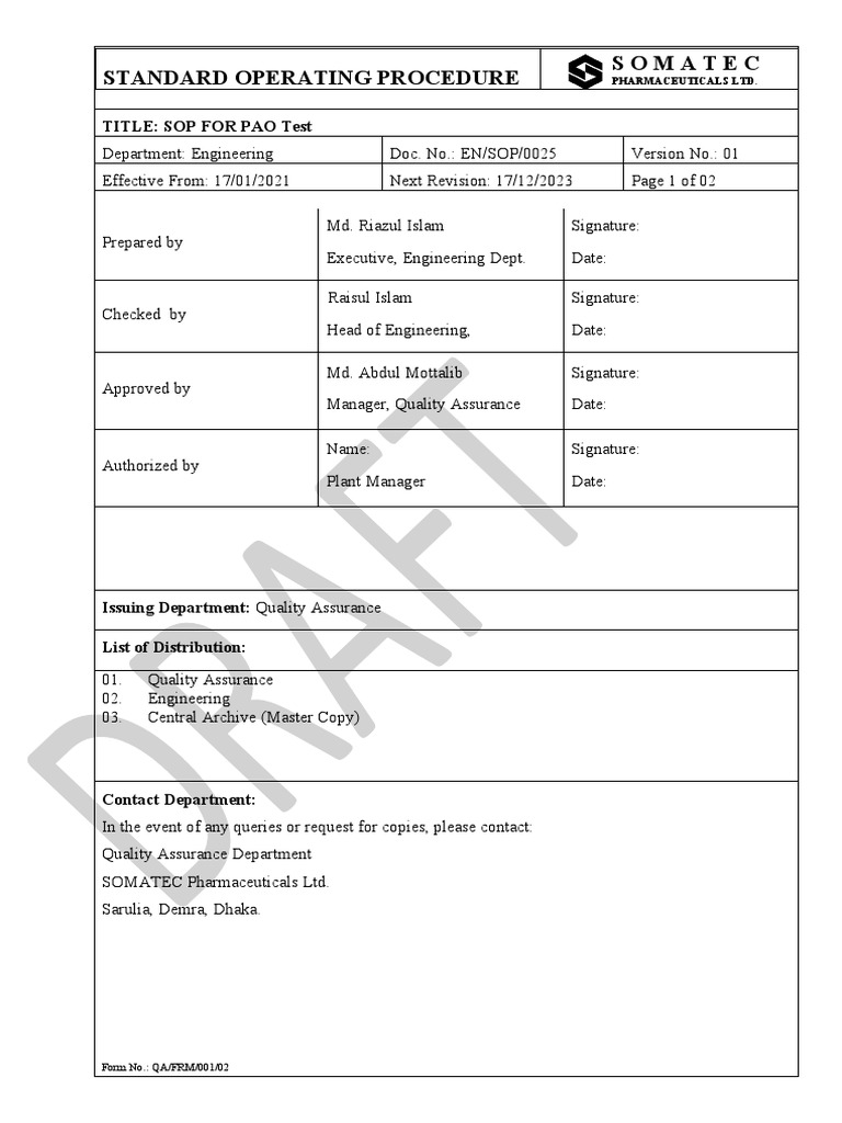 Standard Operating Procedure Somatec: Title: Sop For Pao Test | PDF ...