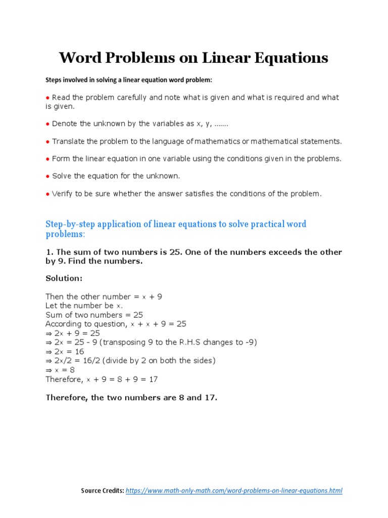 Word Problems On Linear Equations | PDF | Equations | Length