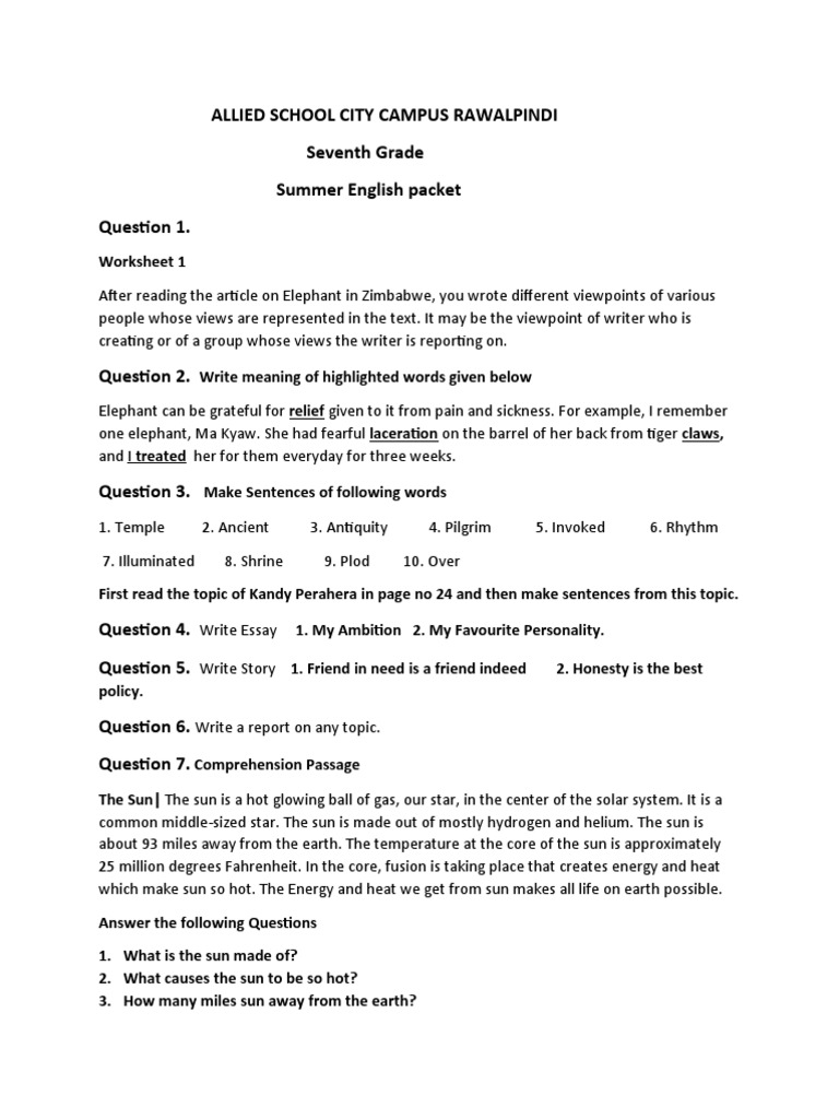 Allied School City Campus Rawalpindi Seventh Grade Summer English ...