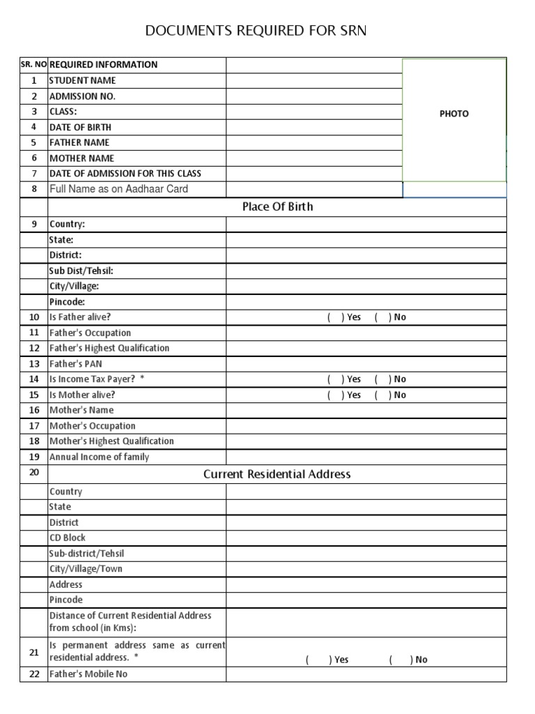 Document Requirements for Student Registration Number (SRN) Application ...