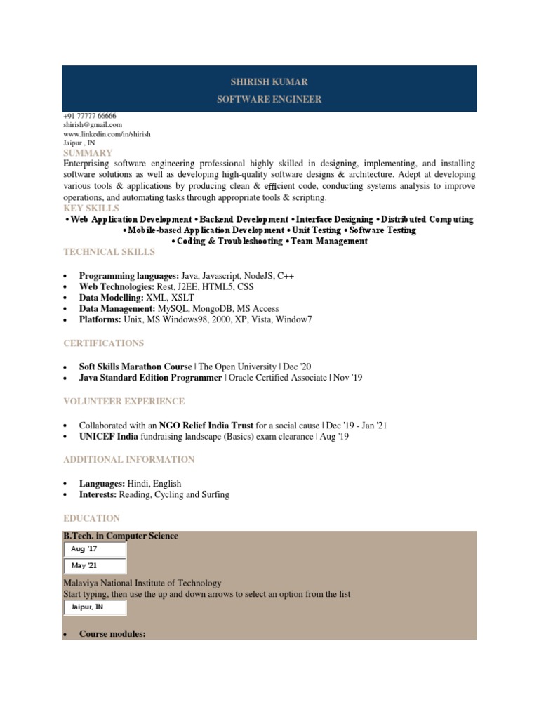 Shirish Kumar Software Engineer: +91 77777 66666 Jaipur, IN | PDF | Java Script | Computer ...