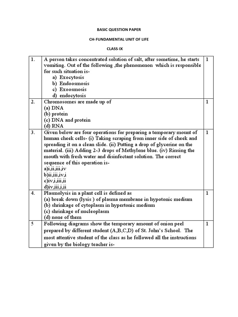 Basic Question Paper STD-9 Ch-Fundamental Unit of Life | PDF | Cell ...