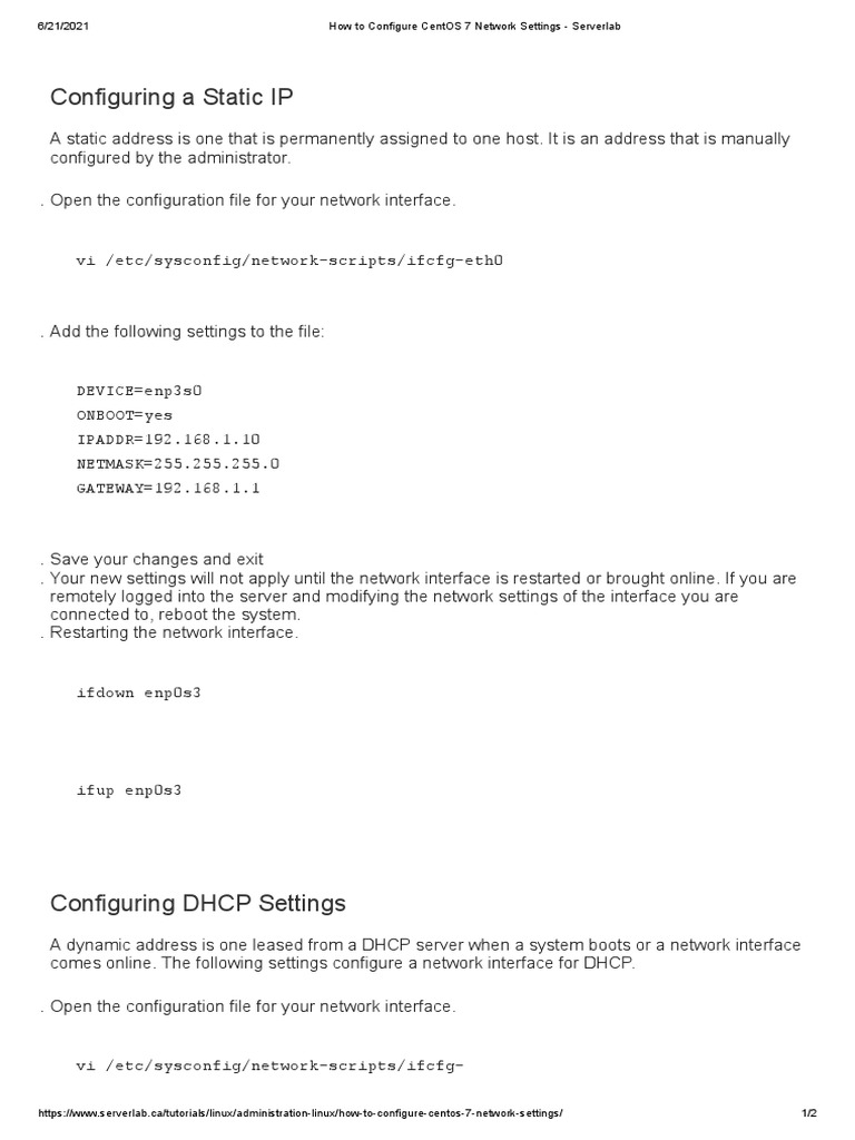 How To Configure Centos 7 Network Settings Serverlab Pdf