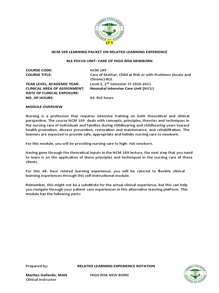 High Risk Newborn LP 5 Rle Learning Packet Theresa 2 | PDF | Neonatal Intensive Care Unit | Nursing
