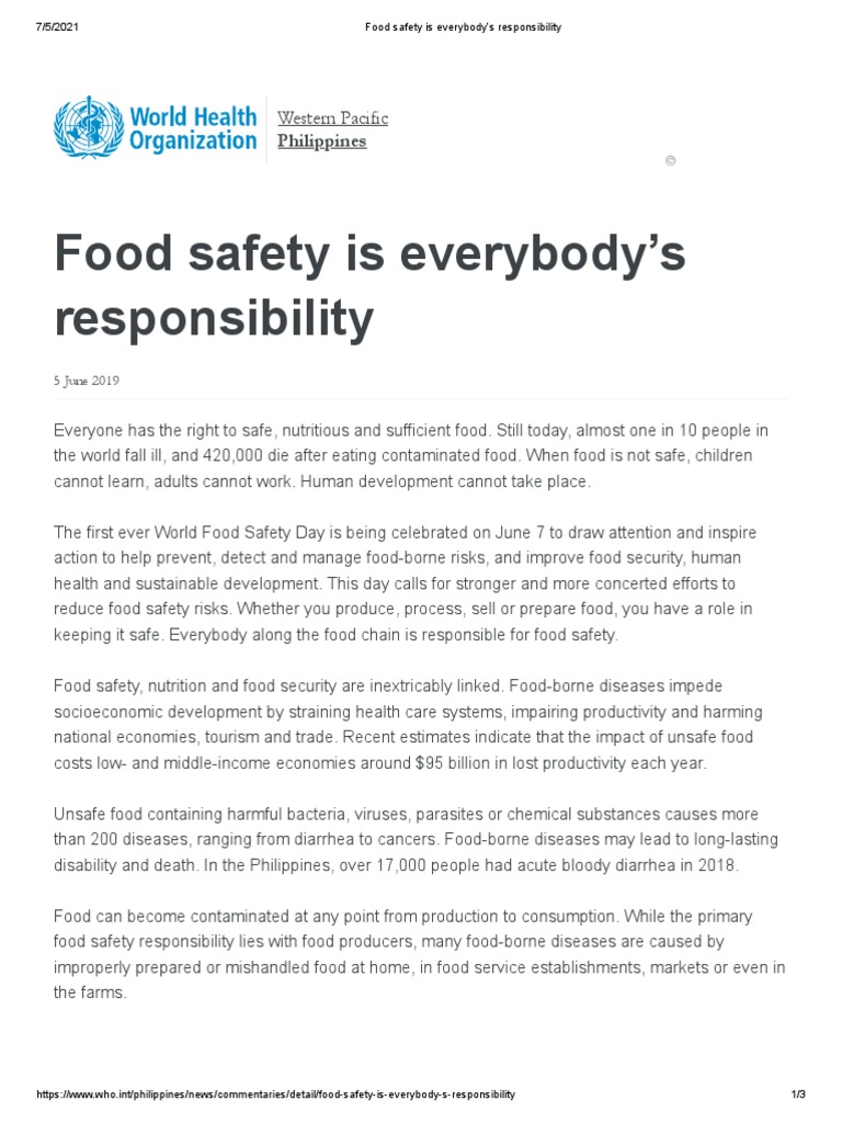 Food Safety Responsibility | PDF | Food Safety | Food And Agriculture ...