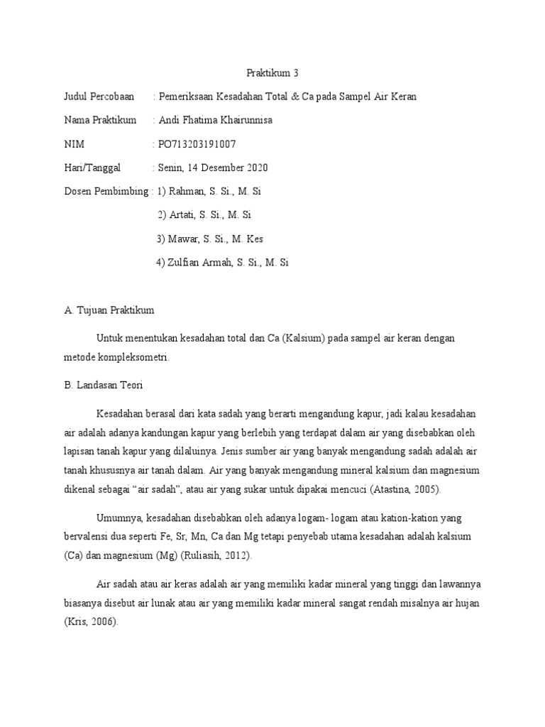 Kesadahan Total & CA Pada Sampel Air Keran - Andi Fhatima K-1 | PDF