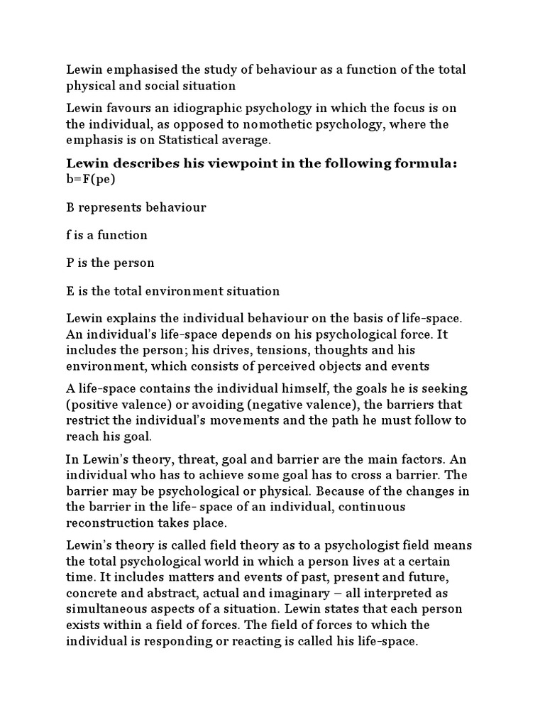 Lewin's Field Theory: An Analysis of the Key Concepts of Kurt Lewin's ...