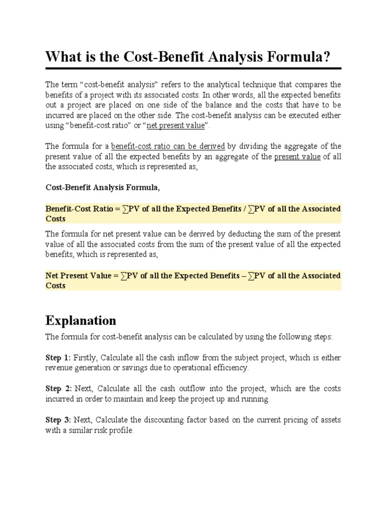 What Is The Cost-Benefit Analysis Formula?: Explanation | PDF | Cost ...
