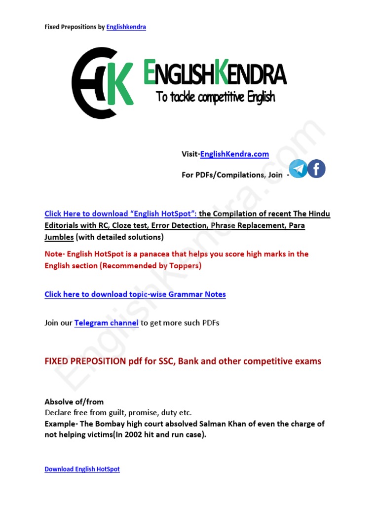 Important Fixed Prepositions With Example Sentences | PDF