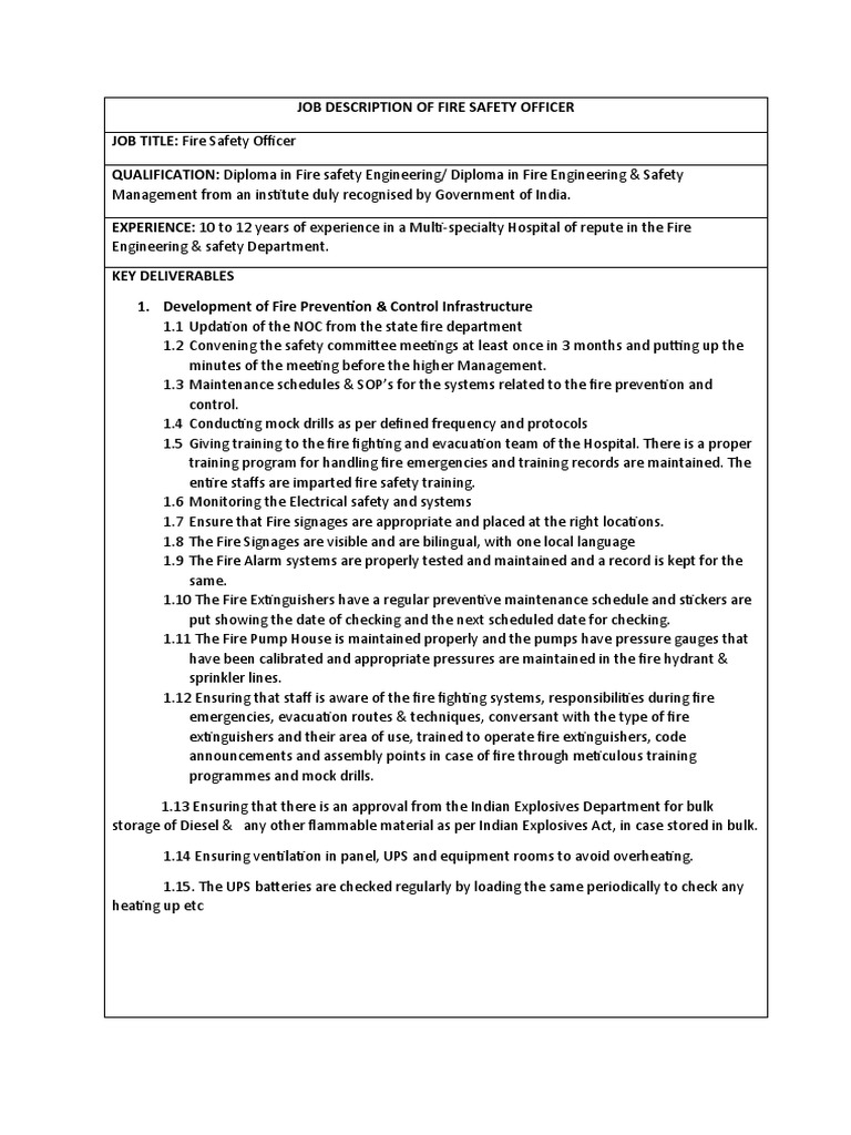 Fire Safety Officer Job Description | PDF | Fire Safety | Fires