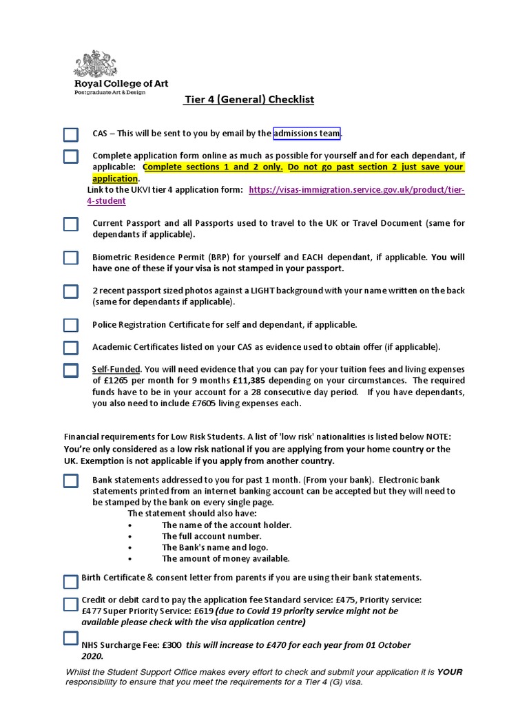 Tier 4 (General) Checklist: 4-Student | PDF | Passport | Visa Inc.
