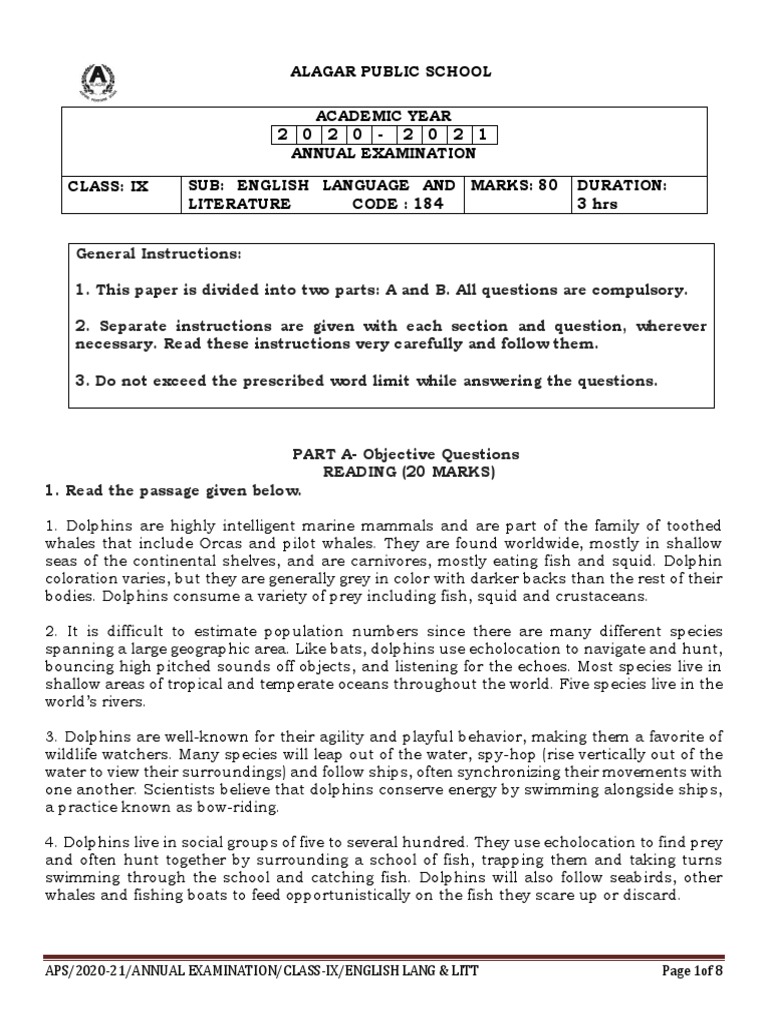 9 English Annual QP | PDF | Dolphin | Whales