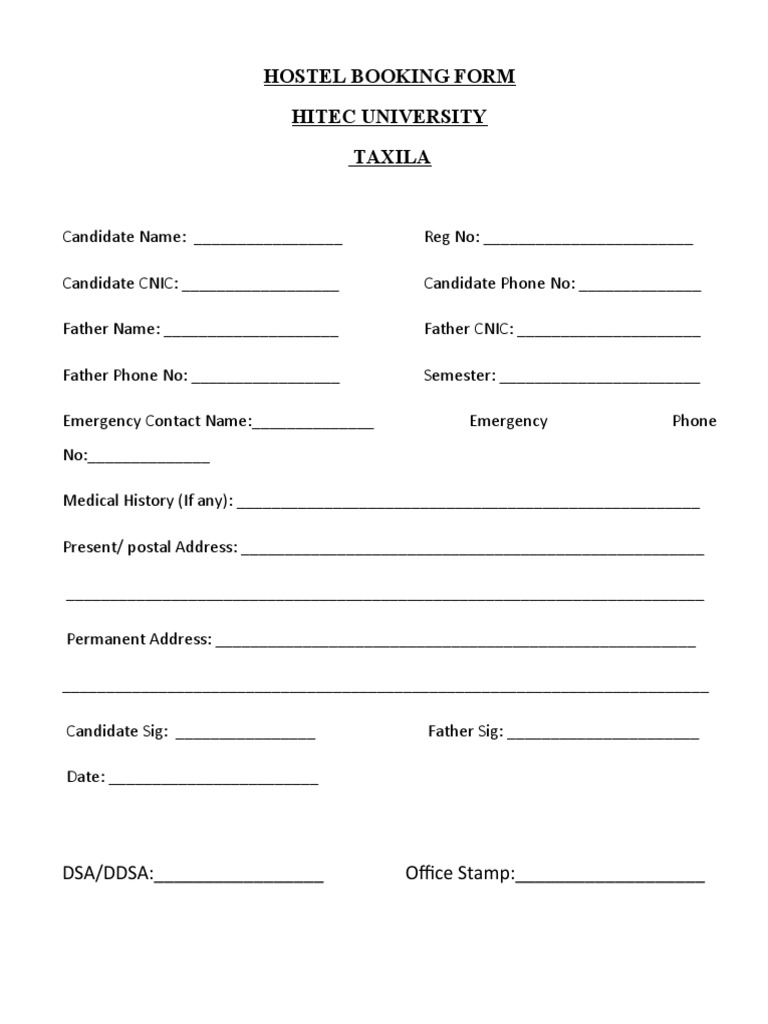 Hostel Booking Form Hitec University Taxila: DSA/DDSA: - Office Stamp | PDF