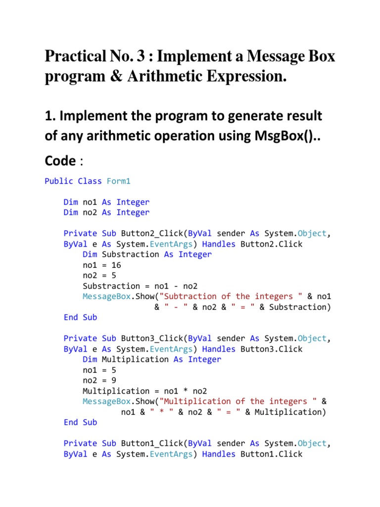 Practical No. 3: Implement A Message Box Program & Arithmetic Expression | PDF | Subtraction ...