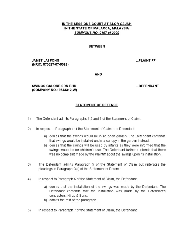 Statement of Defence and Counterclaim - Week 7 (Original Version) | PDF ...
