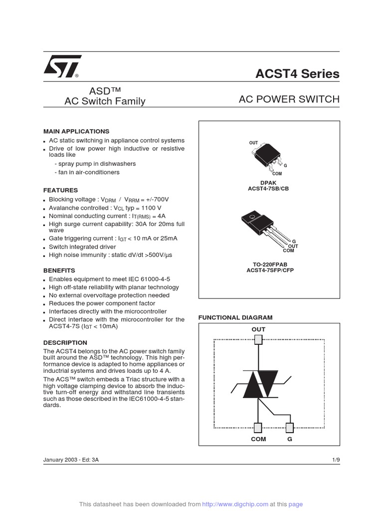 ACST4 Series: Ac Power Switch Asd™ AC Switch Family | PDF | Electrical ...
