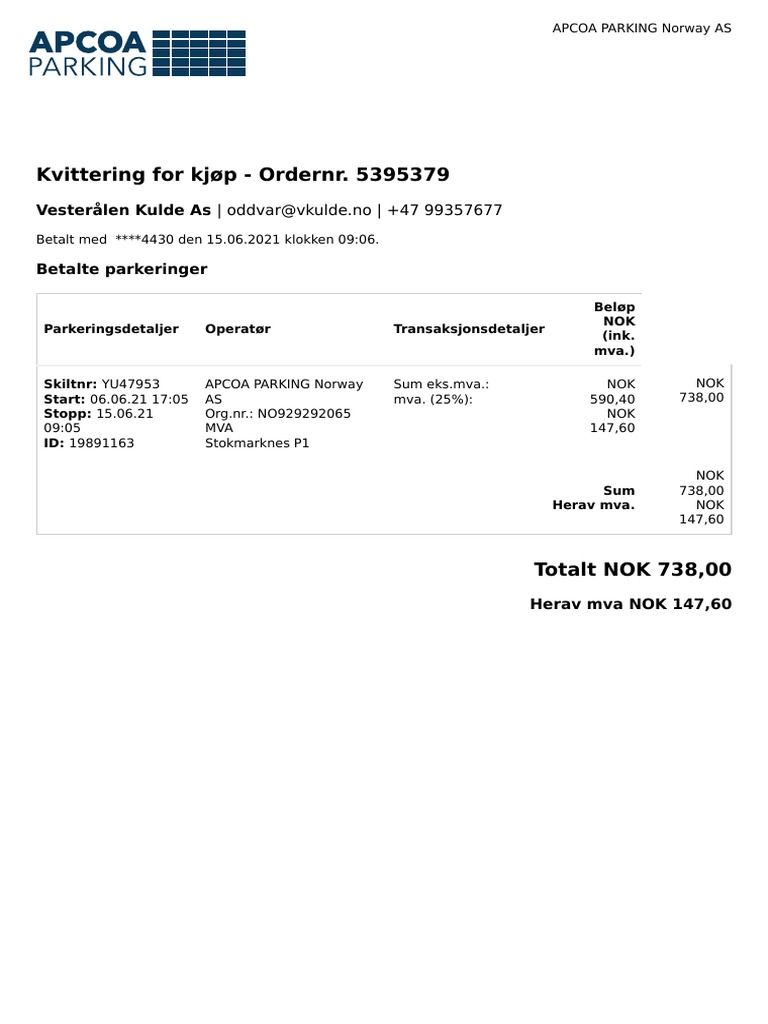 Kvittering APCOA FLOW - Ordre 5395379 | PDF