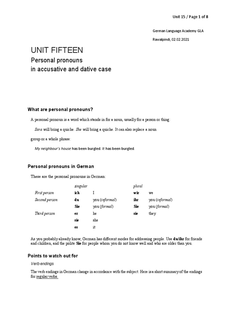 Unit Fifteen: Personal Pronouns in Accusative and Dative Case | PDF ...