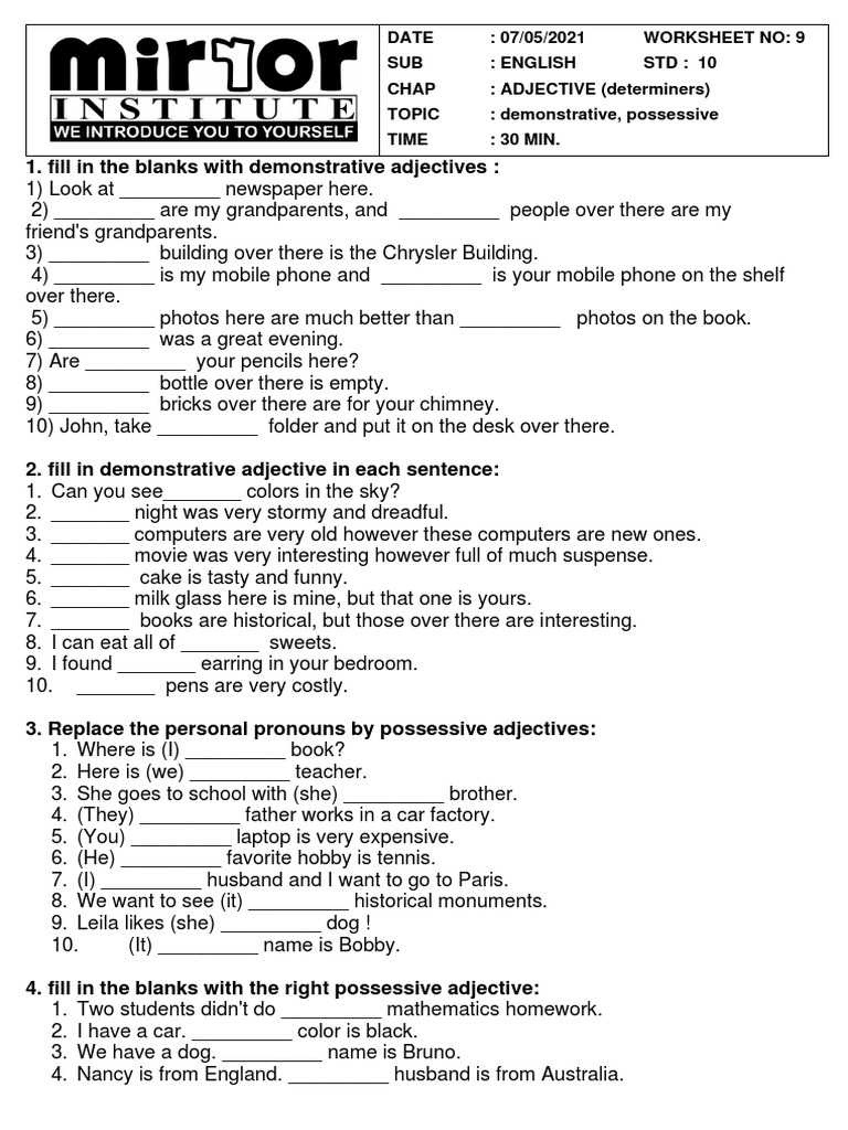 STD 10 - ENG - WS-9 ADJECTIVES (Demonstrative, Possessive) | PDF ...