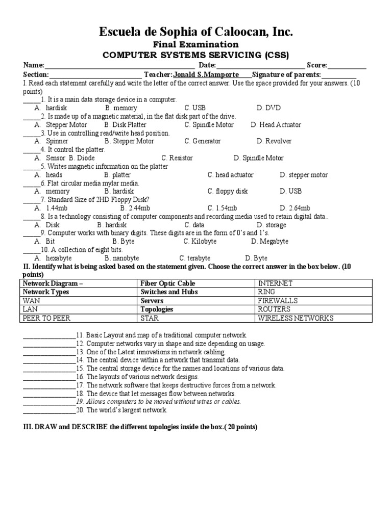 Escuela de Sophia of Caloocan, Inc.: Final Examination Computer Systems Servicing (CSS) | PDF ...