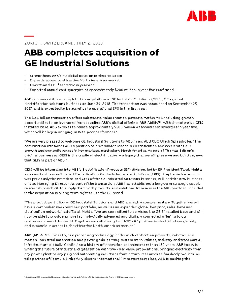 ABB Completes Acquisition of GE Industrial Solutions: Strategic Supply ...