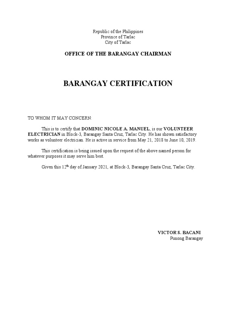 Barangay Certification for Volunteer Electrician | PDF
