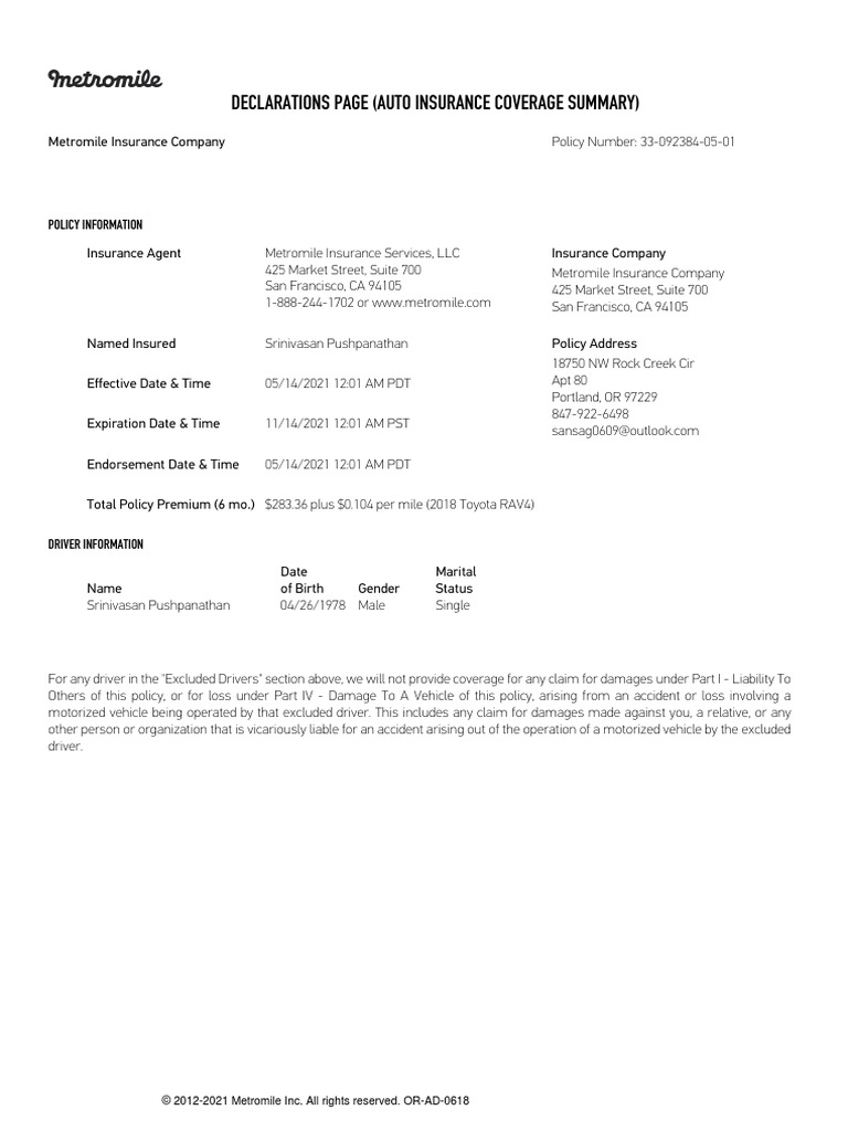 Declarations Page (Auto Insurance Coverage Summary) : © 2012-2021 ...