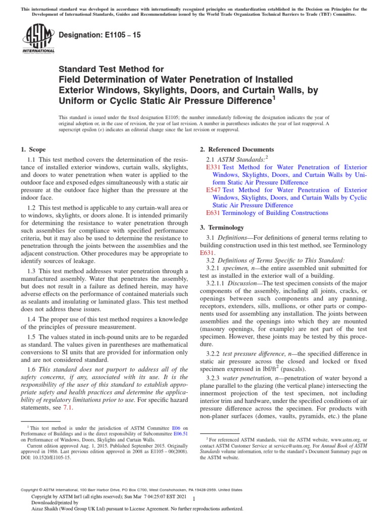 Field Determination of Water Penetration of Installed Exterior Windows ...