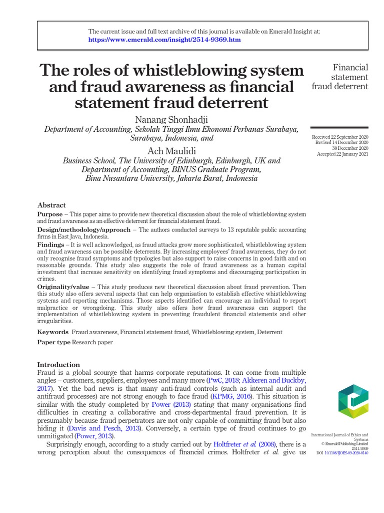 The Roles of Whistleblowing System and Fraud Awareness As Financial ...